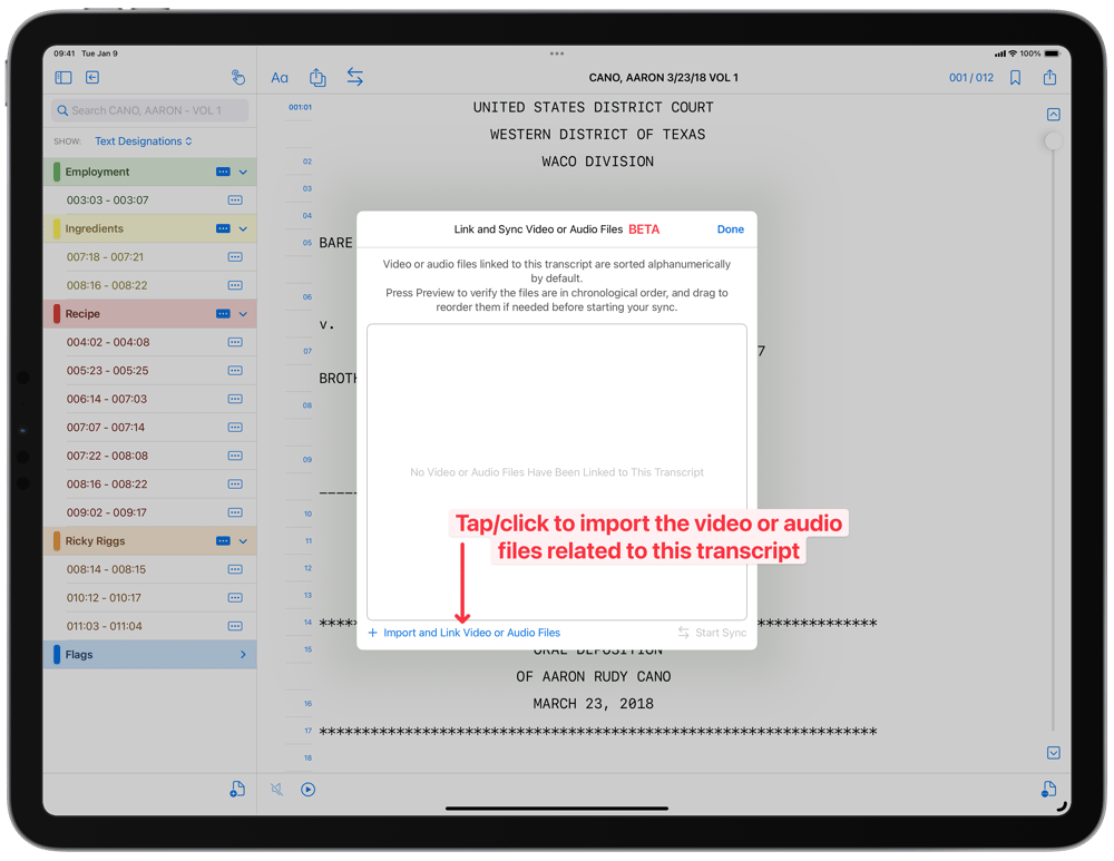 How do I sync a transcript with the video of a deposition and edit clips?
